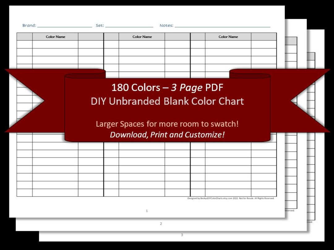 180 Colors - 3 Pages - DIY Blank Color Chart /swatch Sheet - Digital ...