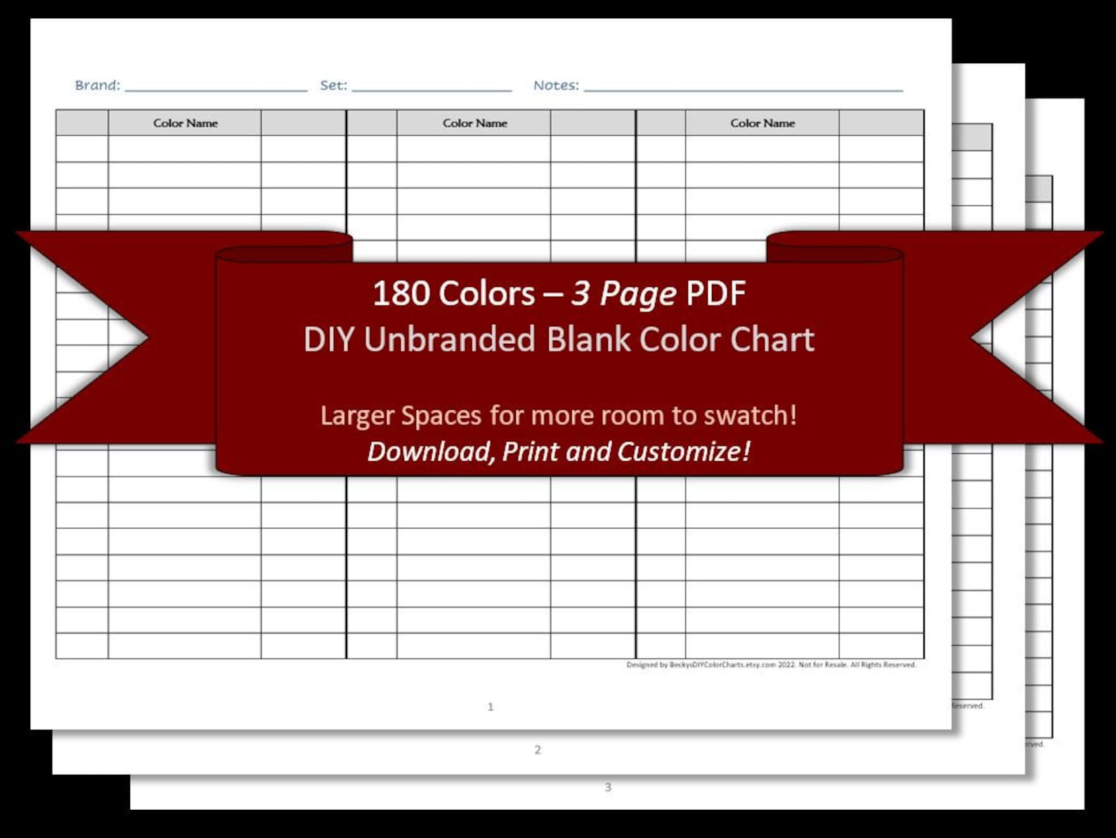 180 Colors 3 Pages DIY Blank Color Chart /swatch Sheet - Etsy