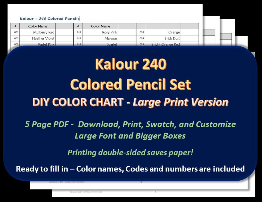 Kalour - LARGE PRINT 240 Colored Pencil Set - DIY Color Chart / Swatch ...