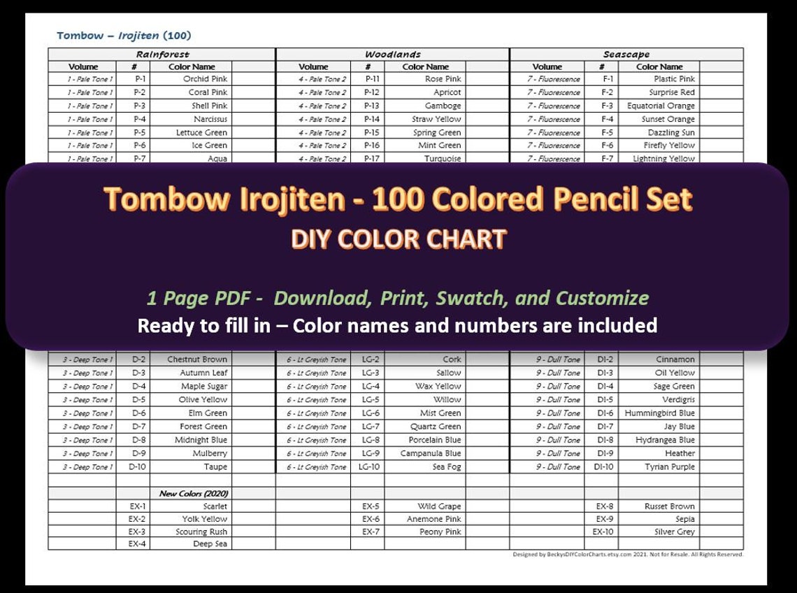 Tombow Irojiten 100 Colored Pencil Set DIY Color Chart / - Etsy