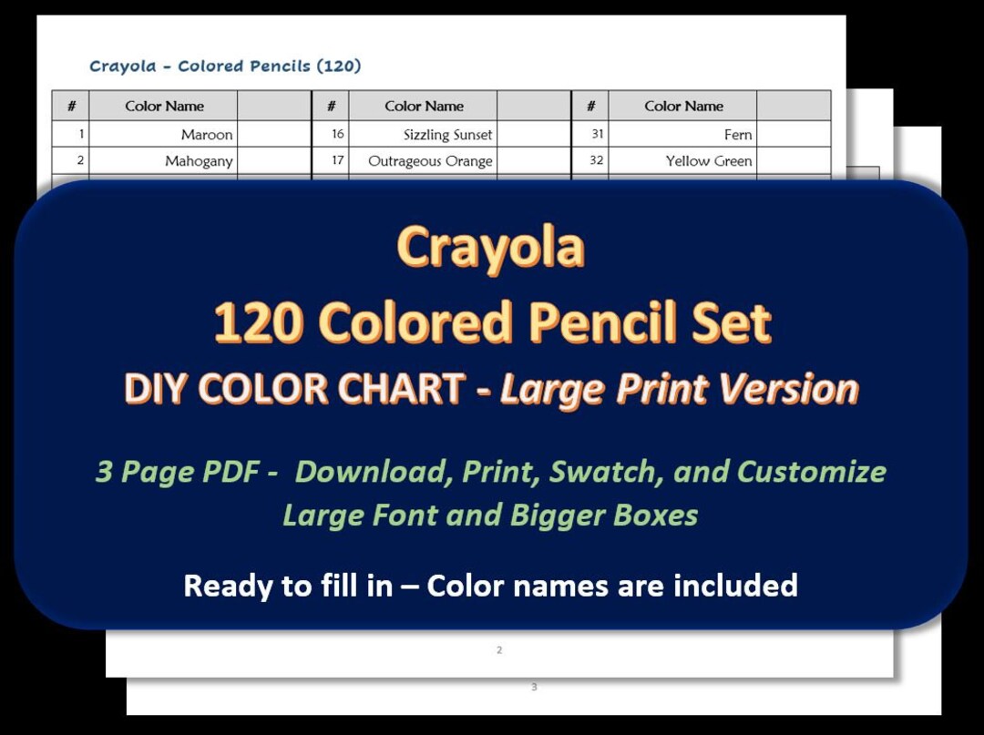 Crayola - LARGE PRINT 120 Colored Pencil Set - DIY Color Chart / Swatch ...