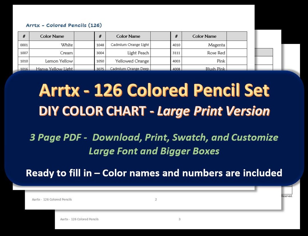 Arrtx - LARGE PRINT 126 Colored Pencil Set - DIY Color Chart / Swatch ...