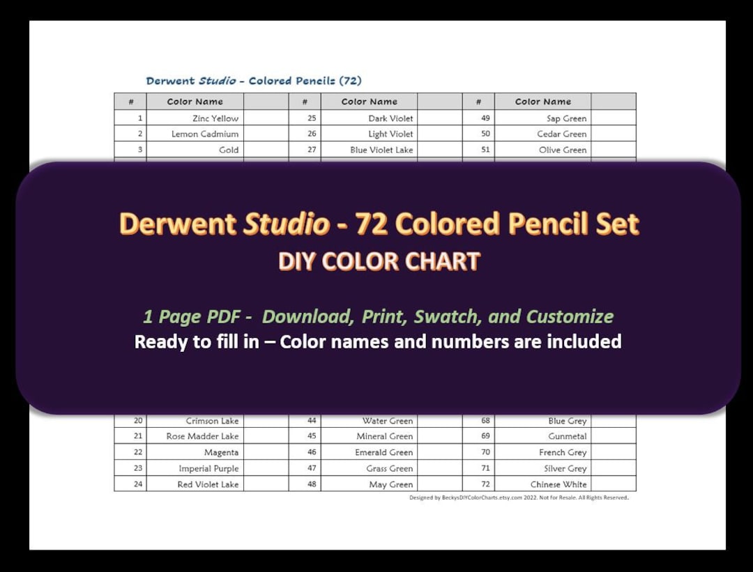 Derwent Studio- 72 Colored Pencil Set - DIY Color Chart / Swatch Sheet ...