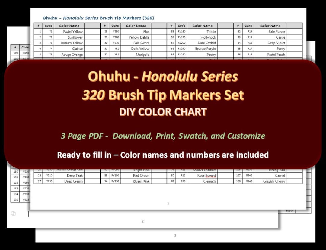 Ohuhu - Honolulu Series (brush Tip) 320 Marker Set - DIY Color Chart ...
