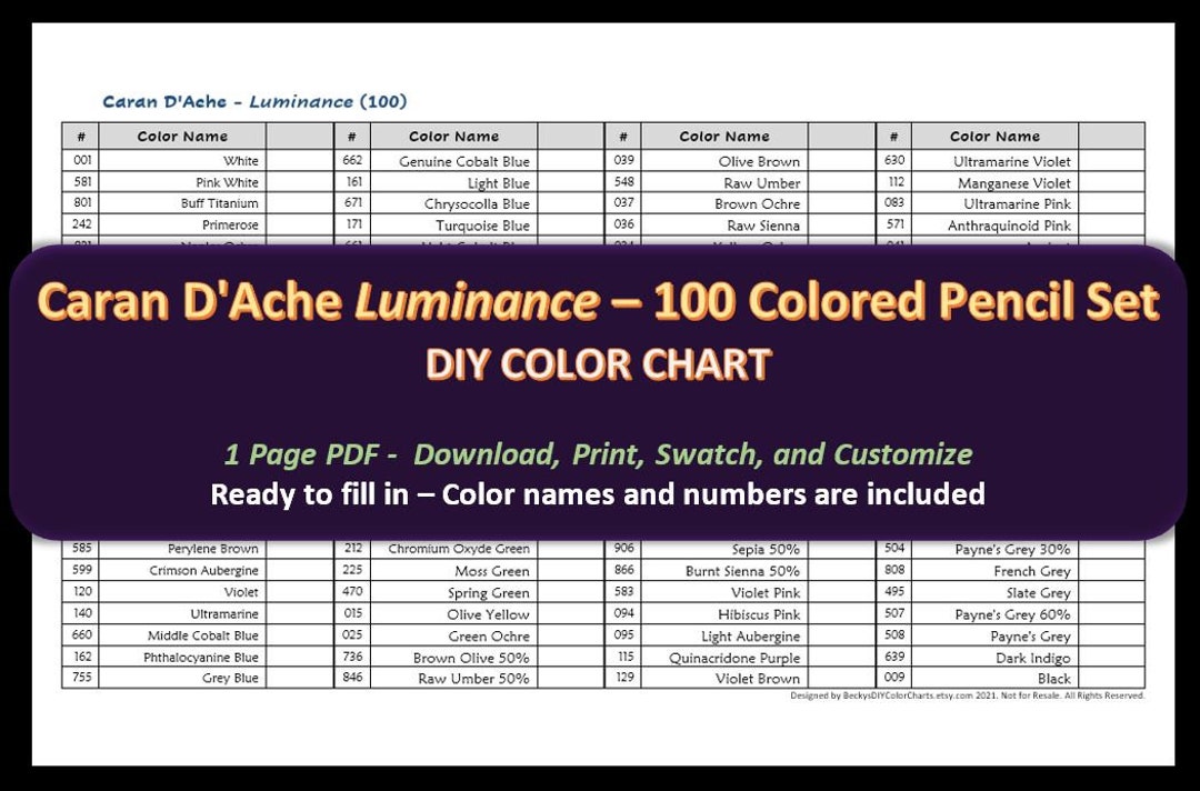 Caran D'ache LUMINANCE 100 Colored Pencil Set DIY Color Chart / Swatch ...
