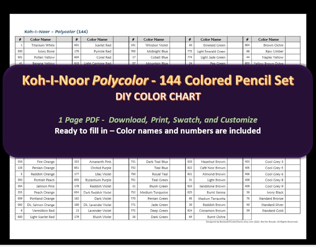 Koh-i-noor Polycolor - 144 Colored Pencil Set - DIY Color Chart ...