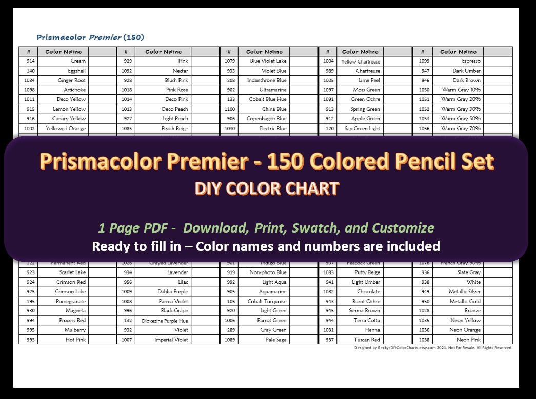 Prismacolor Premier 150 Colored Pencil Set DIY Color Chart - Etsy Australia