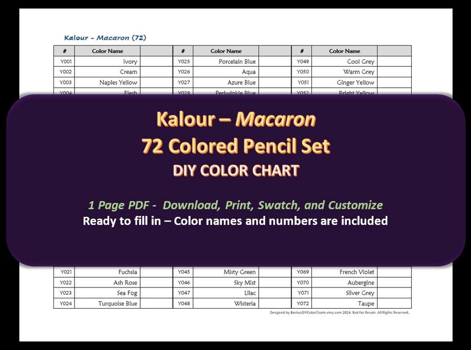 Kalour Macaron - 72 Colored Pencil Set - DIY Color Chart / Swatch Sheet ...