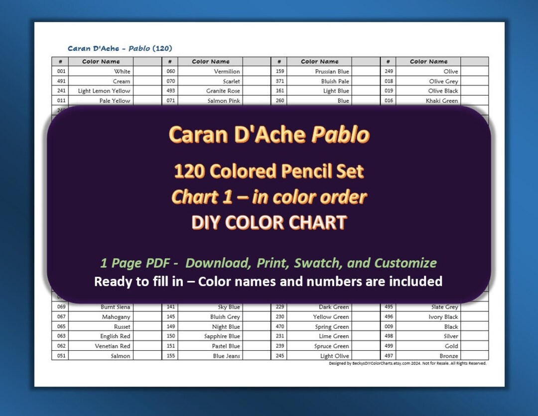 Caran D'ache Pablo - 120 Colored Pencil Set - PDF DIY Color Chart ...