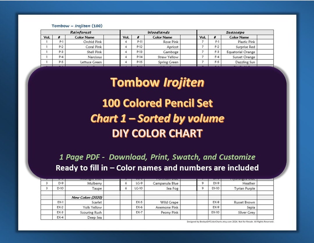 Tombow Irojiten - 100 Colored Pencil Set - PDF DIY Color Chart / Swatch ...