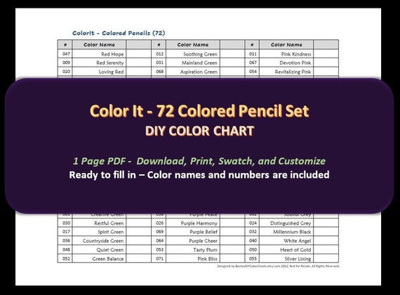 Colorit 72 Colored Pencil Set DIY Color Chart / Swatch | Etsy UK