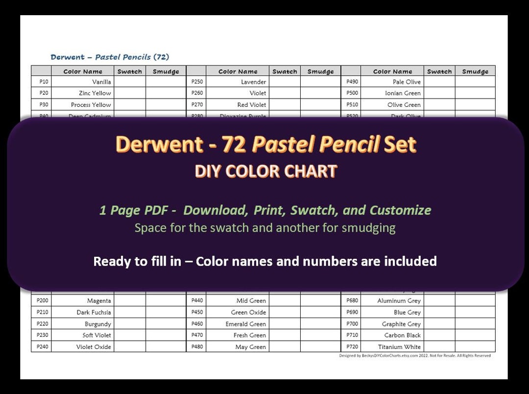 Derwent - 72 Pastel Pencil Set - DIY Color Chart / Swatch Sheet ...