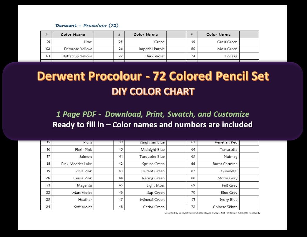 Derwent Procolour 72 Colored Pencil Set DIY Color Chart / | Etsy