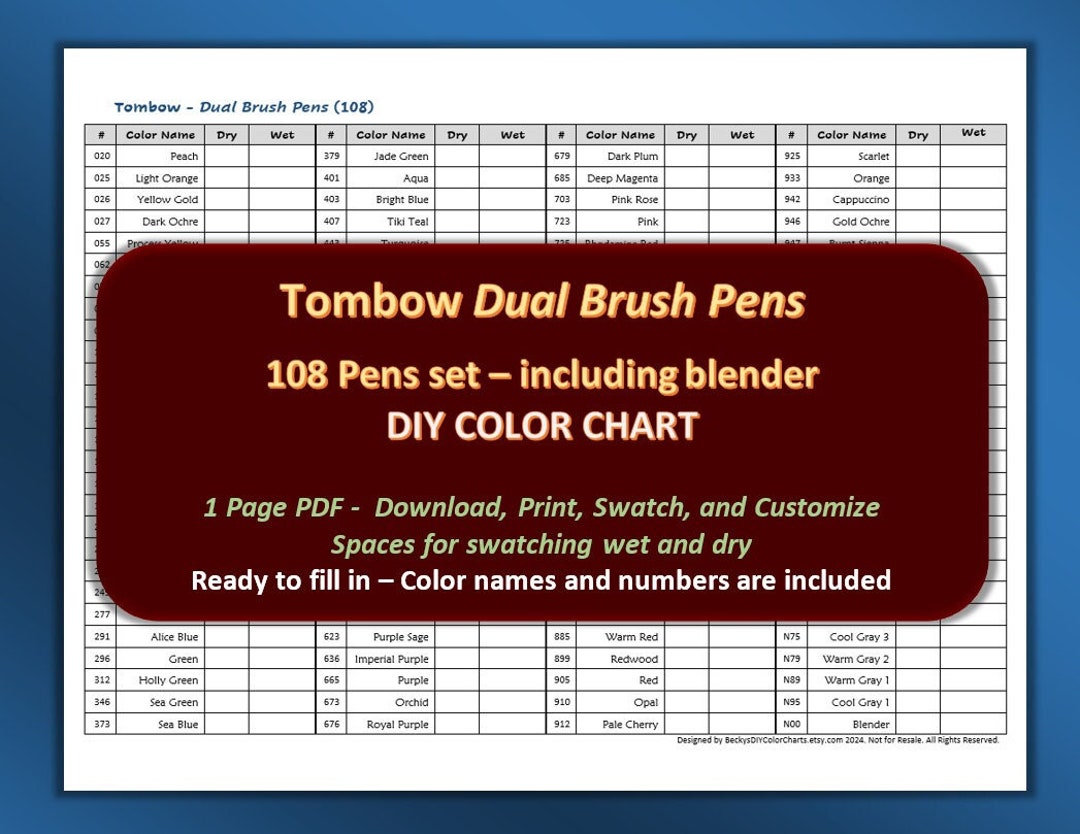 Tombow - 108 Dual Brush Pen Set - PDF DIY Color Chart / Swatch Sheet - Etsy