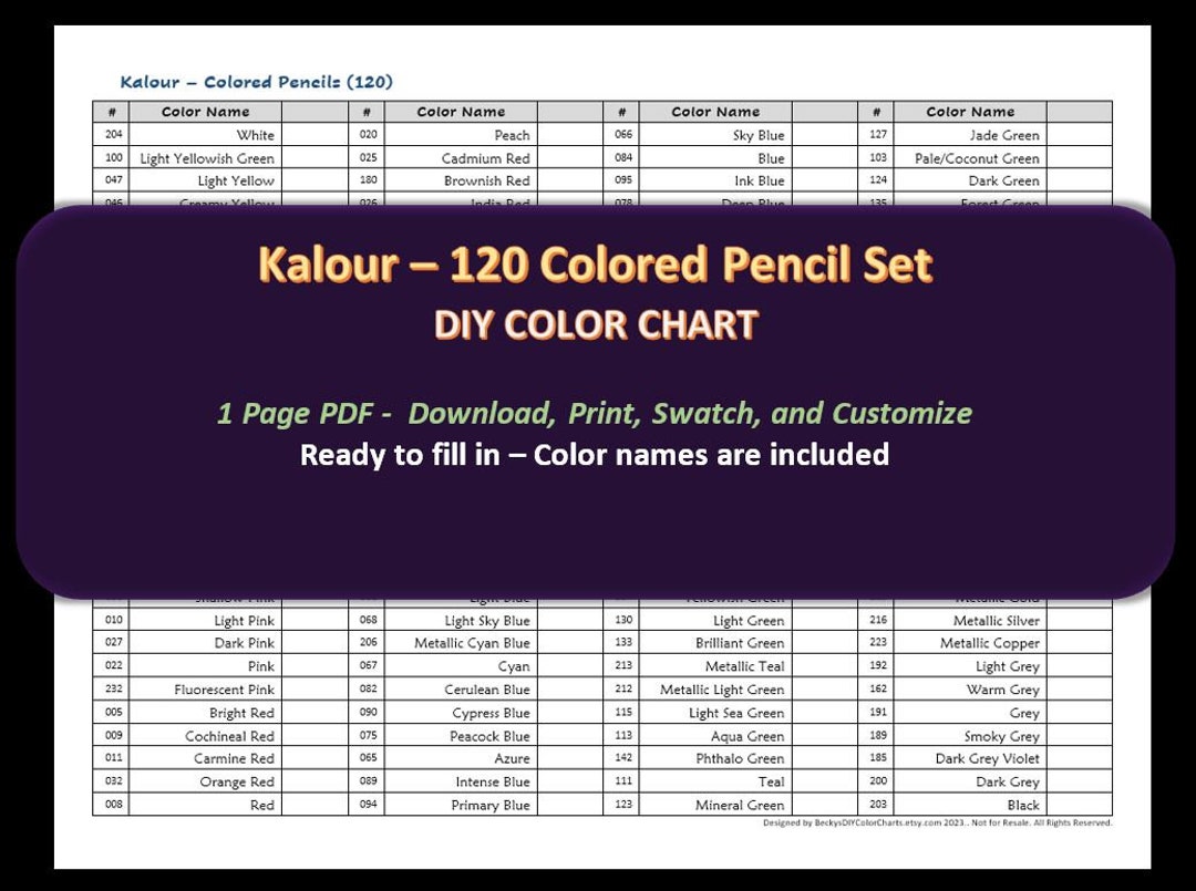 Kalour - 120 Colored Pencil Set (colored Barrels) - DIY Color Chart ...