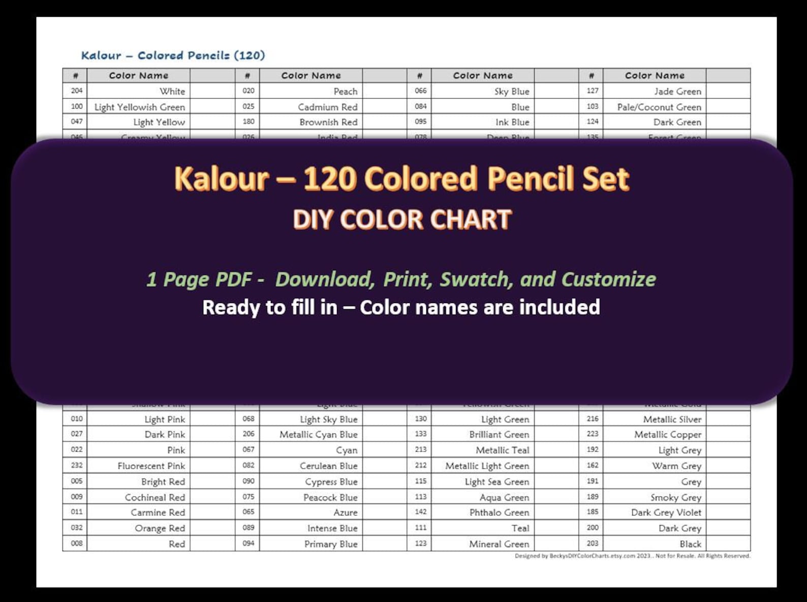 Kalour - 120 Colored Pencil Set (colored Barrels) - DIY Color Chart ...