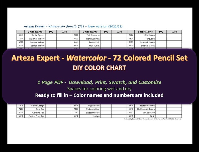 Arteza Expert - Watercolor - 72 Pencil Set - DIY Color Chart / Swatch ...