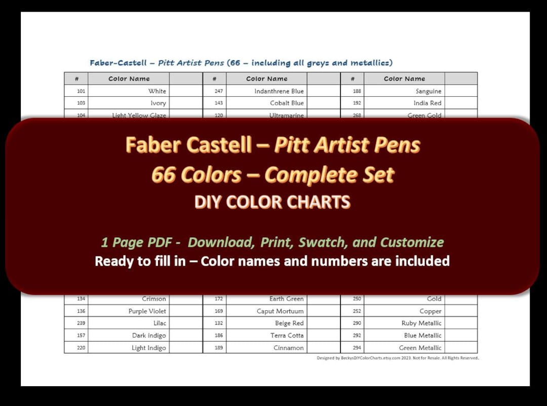 Faber Castell Pitt Artist Pens DIY Color Chart / Swatch Sheet Digital ...