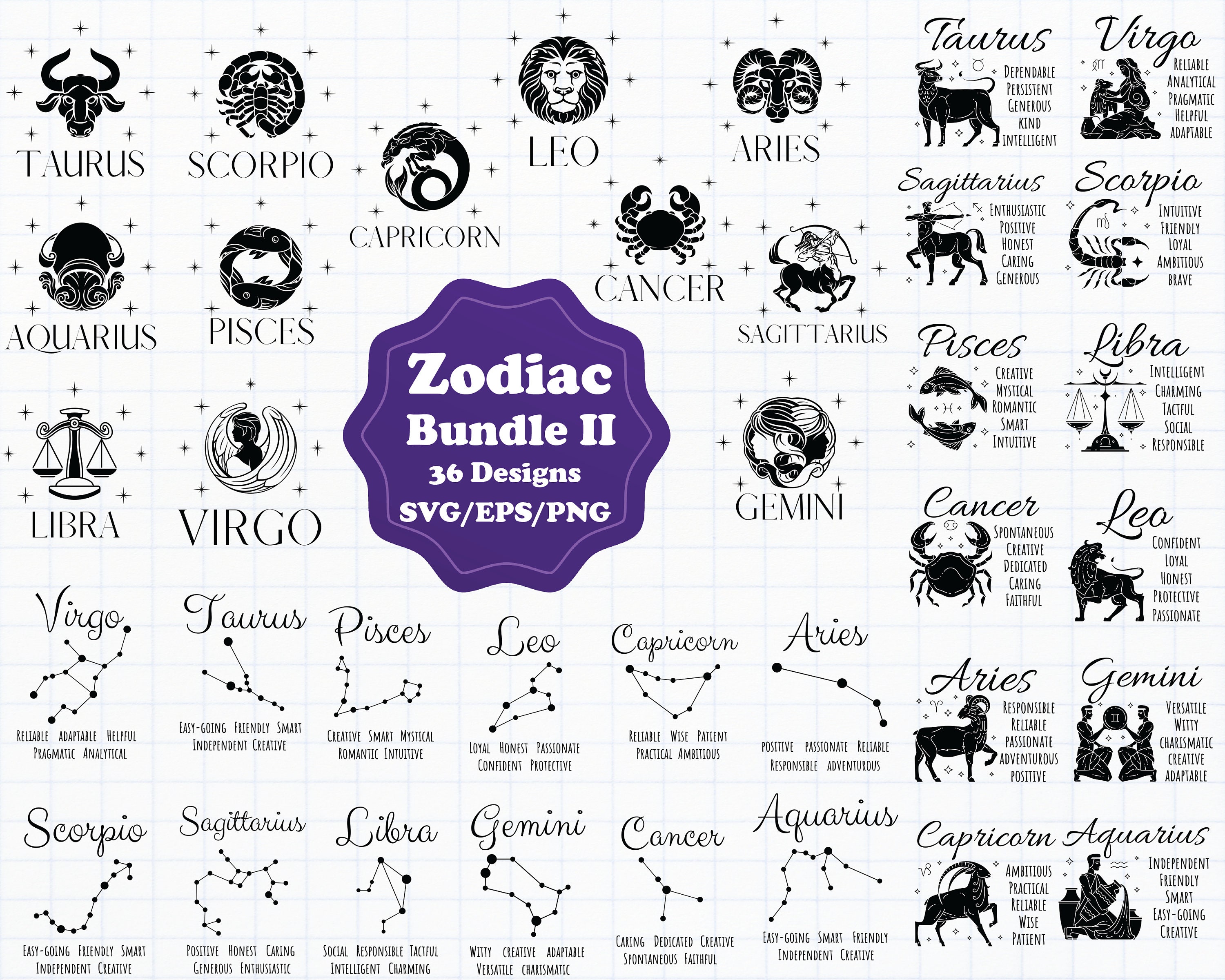 Zodiac SVG Bundle II / Zodiac SVG Collection - 36 Designs in Svg, Eps ...