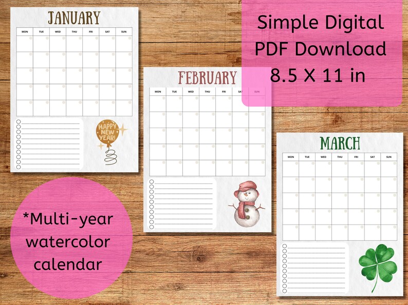 Full Multi-year Watercolor Monthly Planner. Digital Download, PDF 8X11 ...