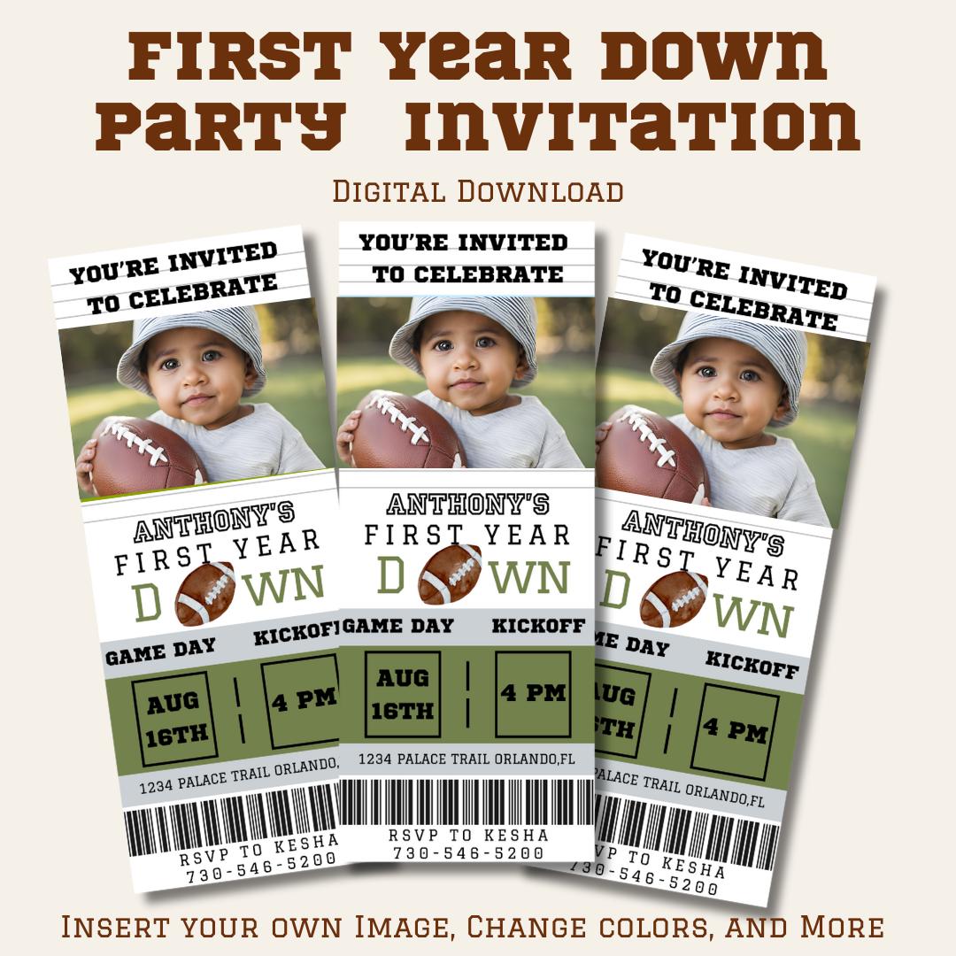 Football First Birthday Invitation Template 'first Year Down' Editable ...