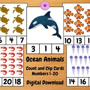 Ocean Animals Count and Clip Cards Printable Digital Download ...