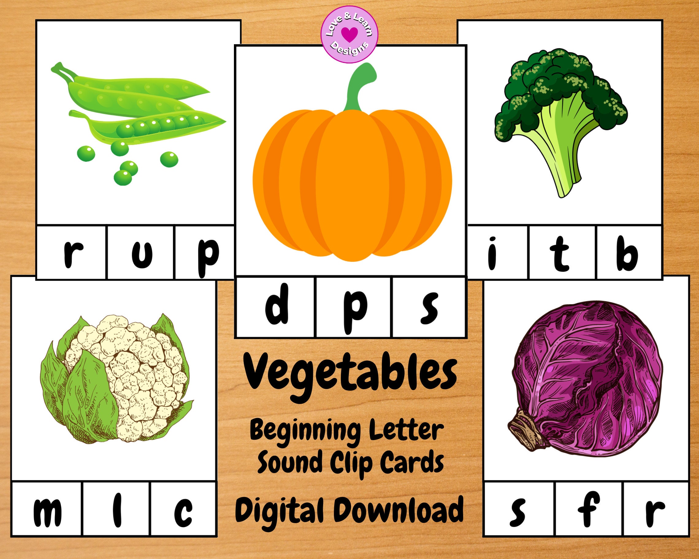 Vegetables Beginning Letter Sound Clip Cards| Printable Digital ...