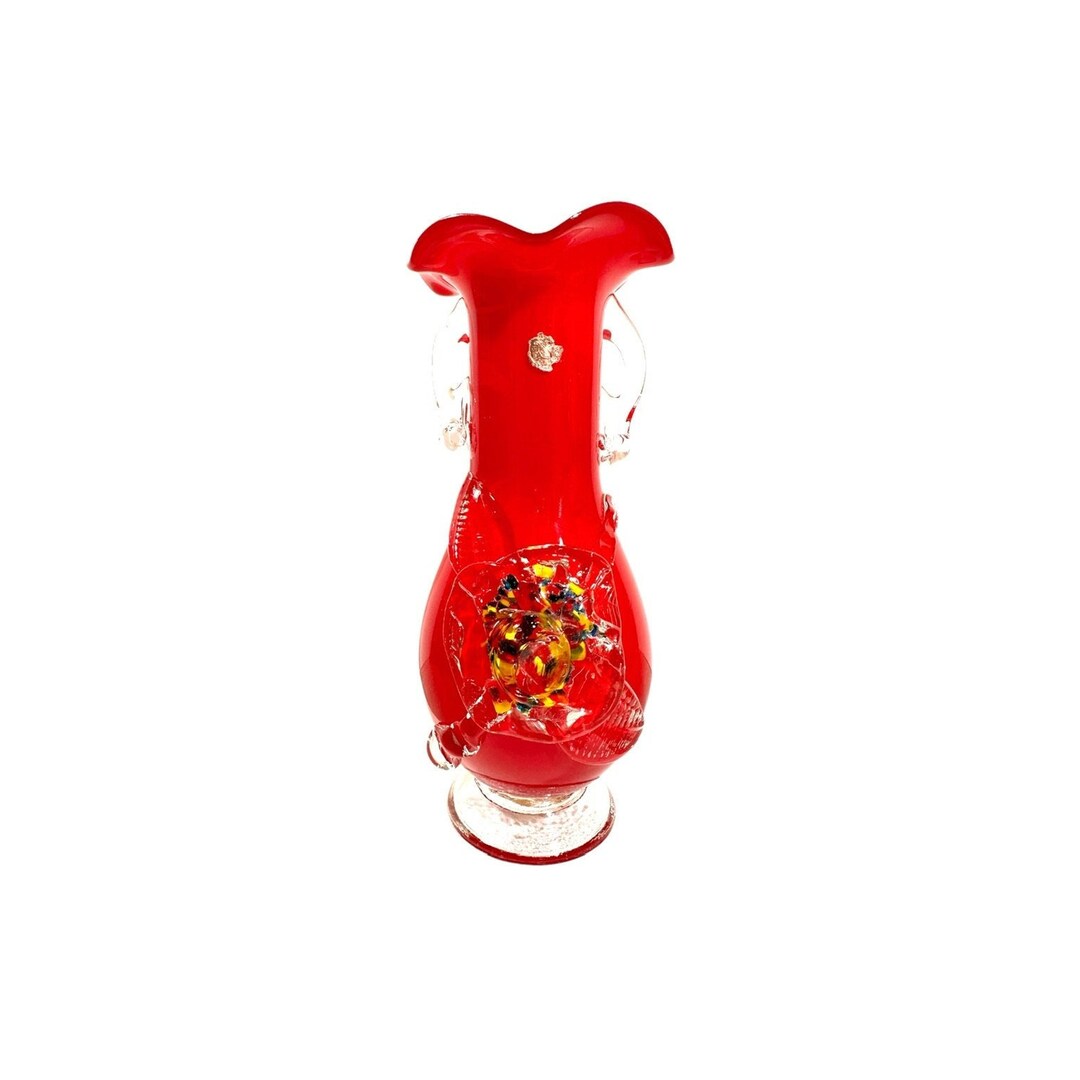 Vintage Blown Glass Confetti Flower Red Vase With White Interior Cased ...