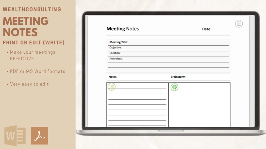 Meeting Notes, Editable and Printable Work Organizer, Daily Weekly Work ...
