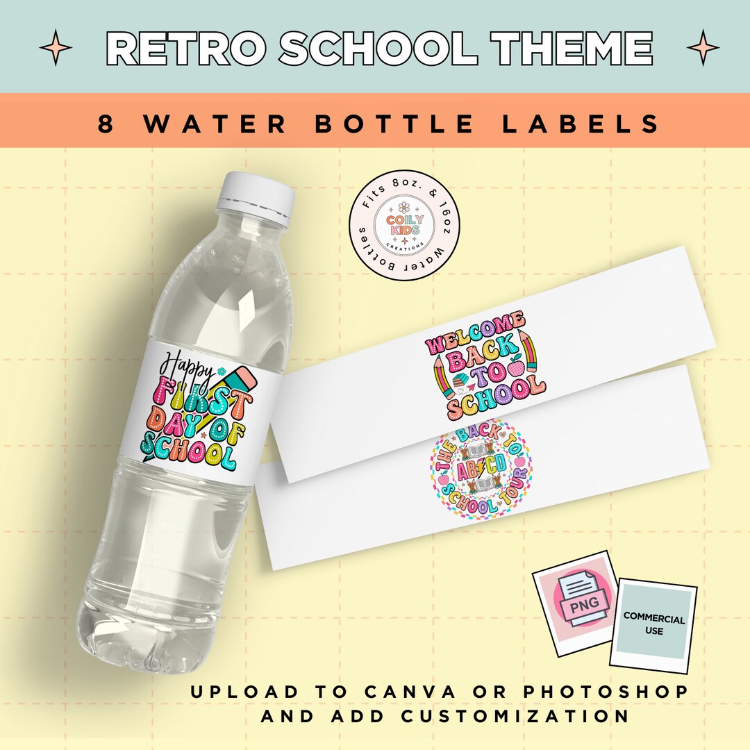 Retro School Theme Water Bottle Labels, Editable Back to School Party ...