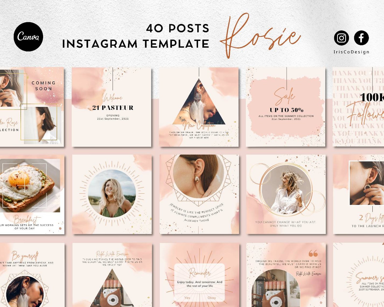 40 Instagram Post Template, Watercolor Template, Social Media Kit for ...