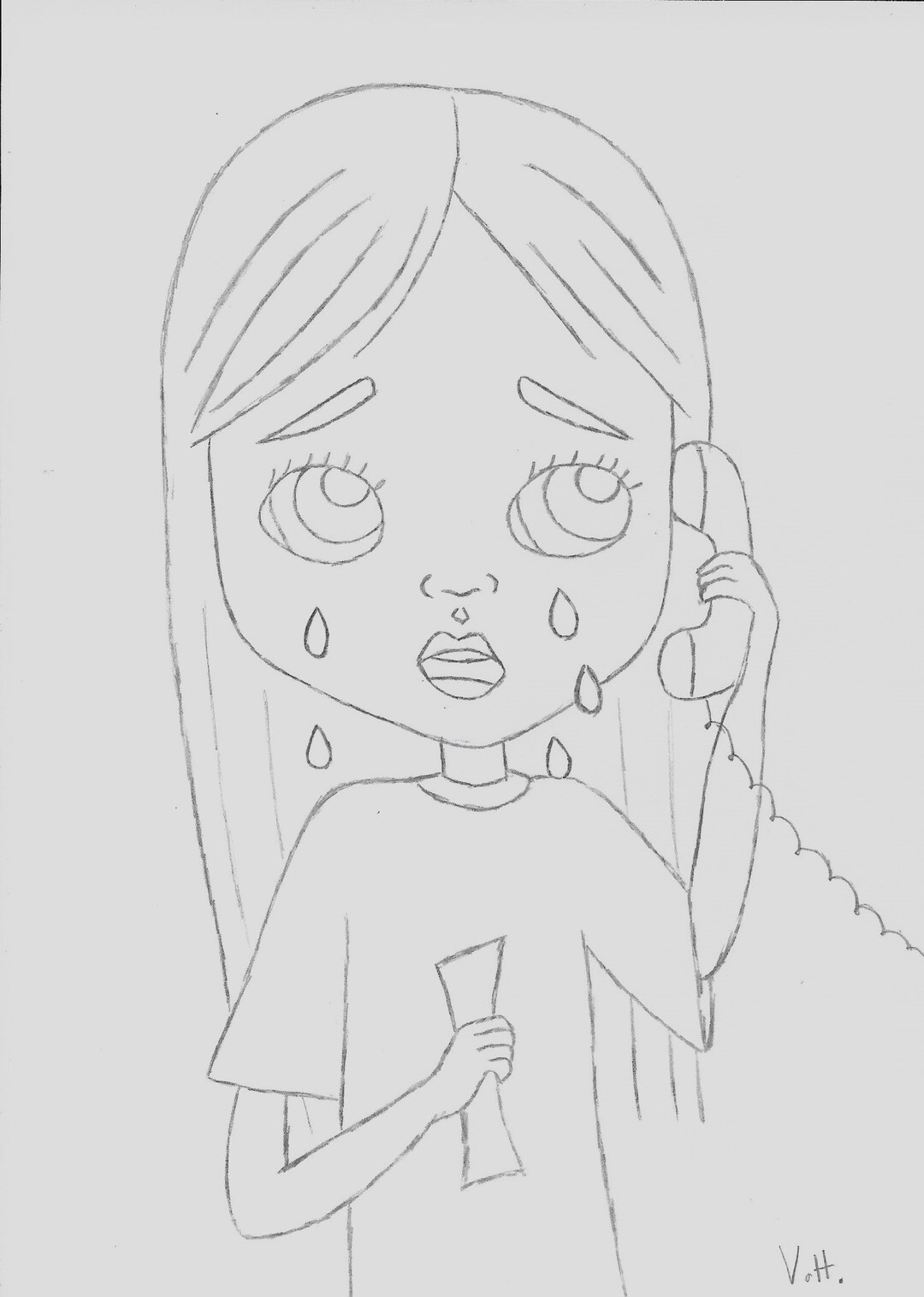 Drawing Sketch of Girl on the Phone 5 X 7 Artwork Cute Girl Crying ...