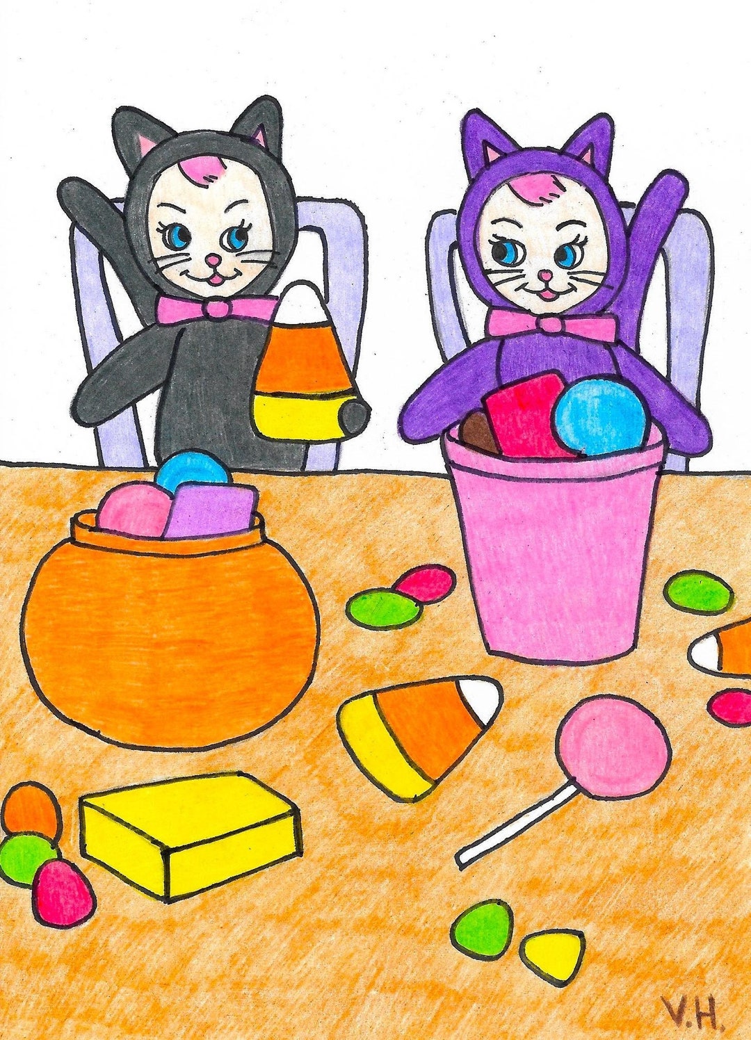 Cats and Candy Illustration Cute Cats Halloween Drawing Original Art 5 ...