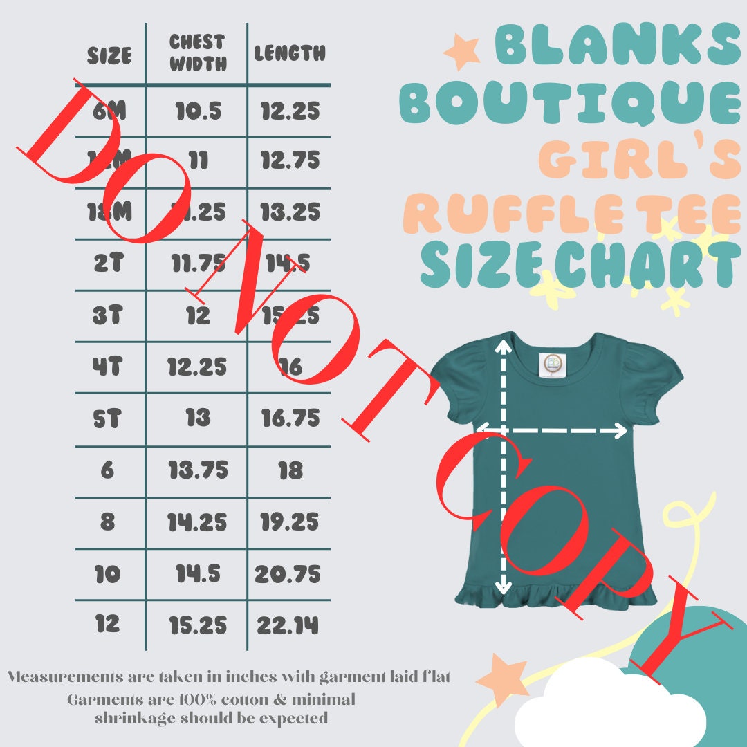 Blanks Boutique Girl's Ruffle Tee Size & Color Charts! Customizable ...