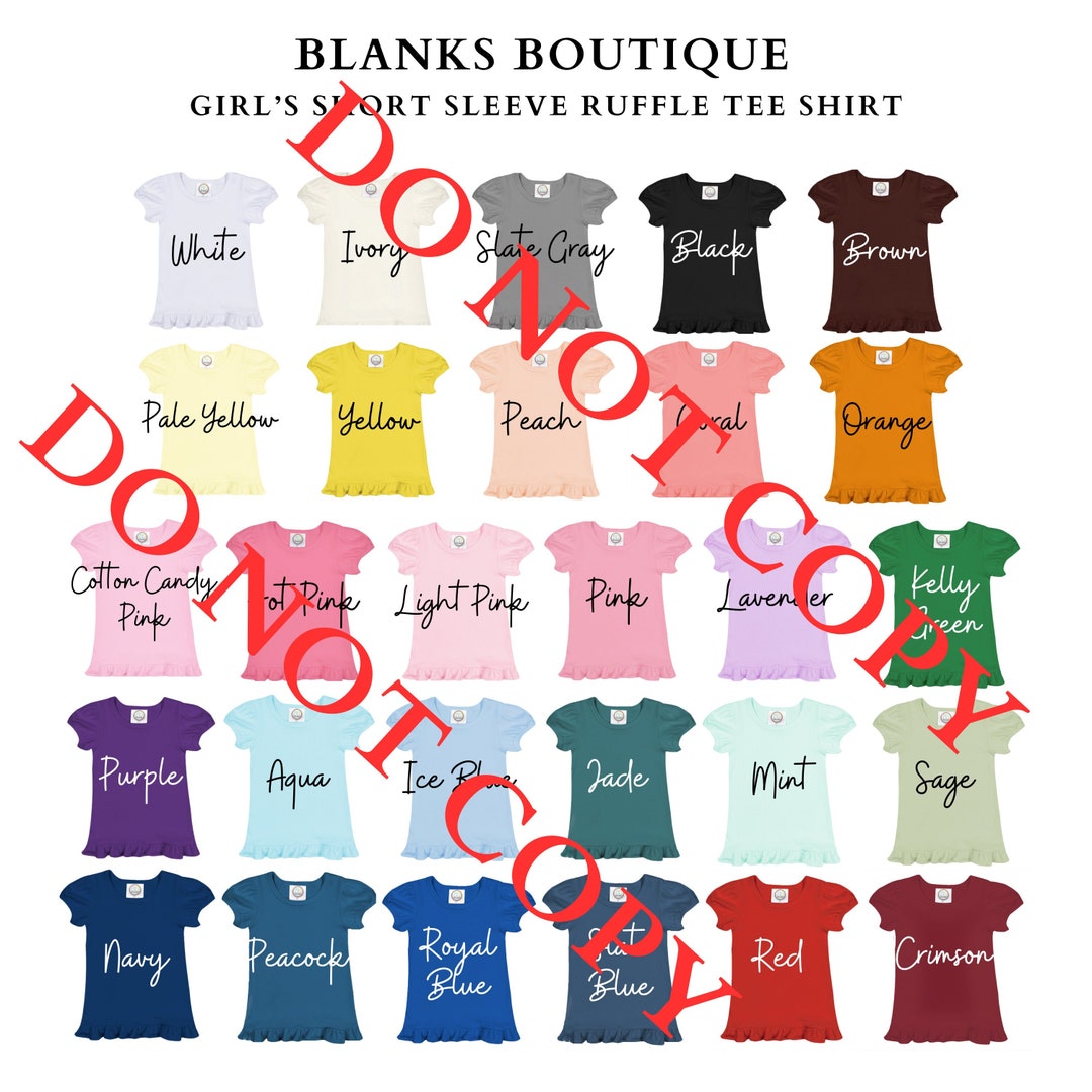 Blanks Boutique Girl's Ruffle Tee Size & Color Charts! Customizable ...