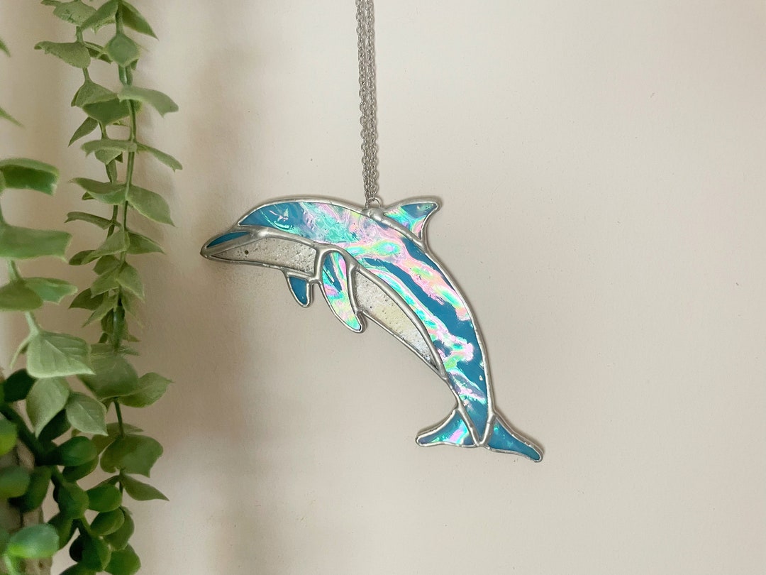 Stained Glass Dolphin Iridescent Glass Jumping Water Ocean Seaside Art ...