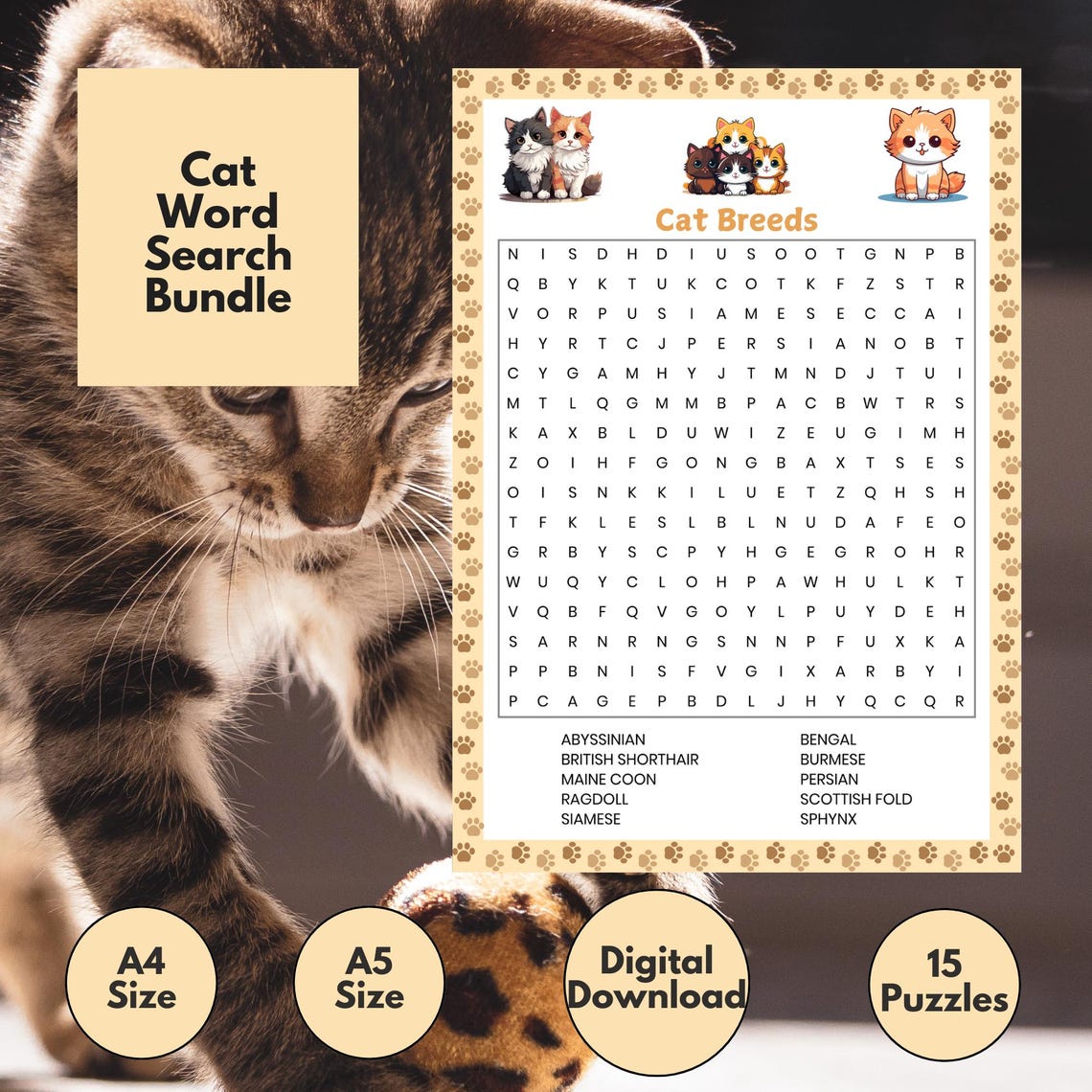 Cat Breeds Word Search Bundle: 15 Printable Puzzles (PDF) - Etsy