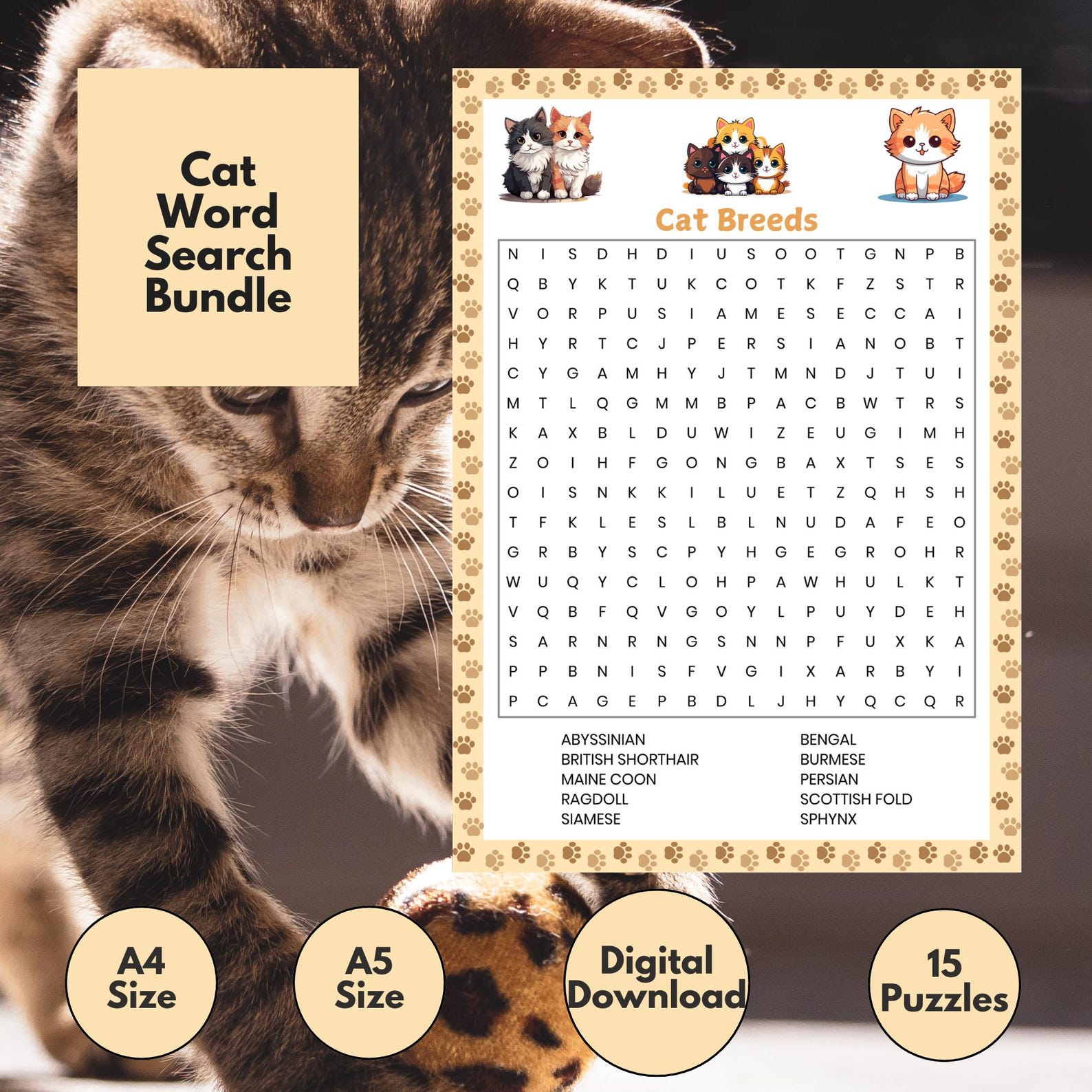 Cat Breeds Word Search Bundle: 15 Printable Puzzles (PDF) - Etsy