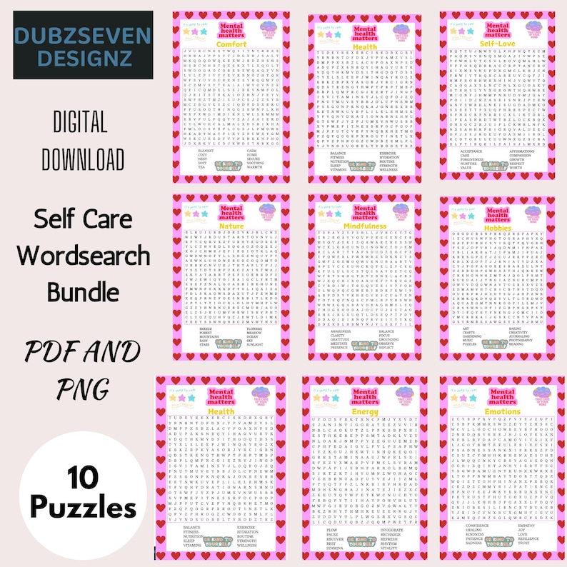 Self-care Word Search Bundle: 10 Printable Puzzles (PDF) - Etsy