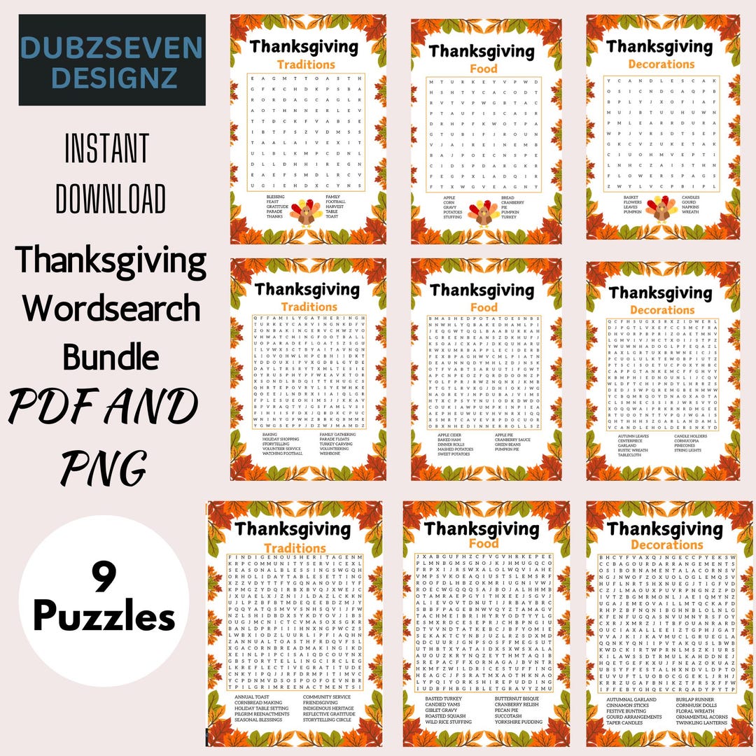 Thanksgiving Word Search Bundle 3 Levels of Difficulty Printable Puzzle ...