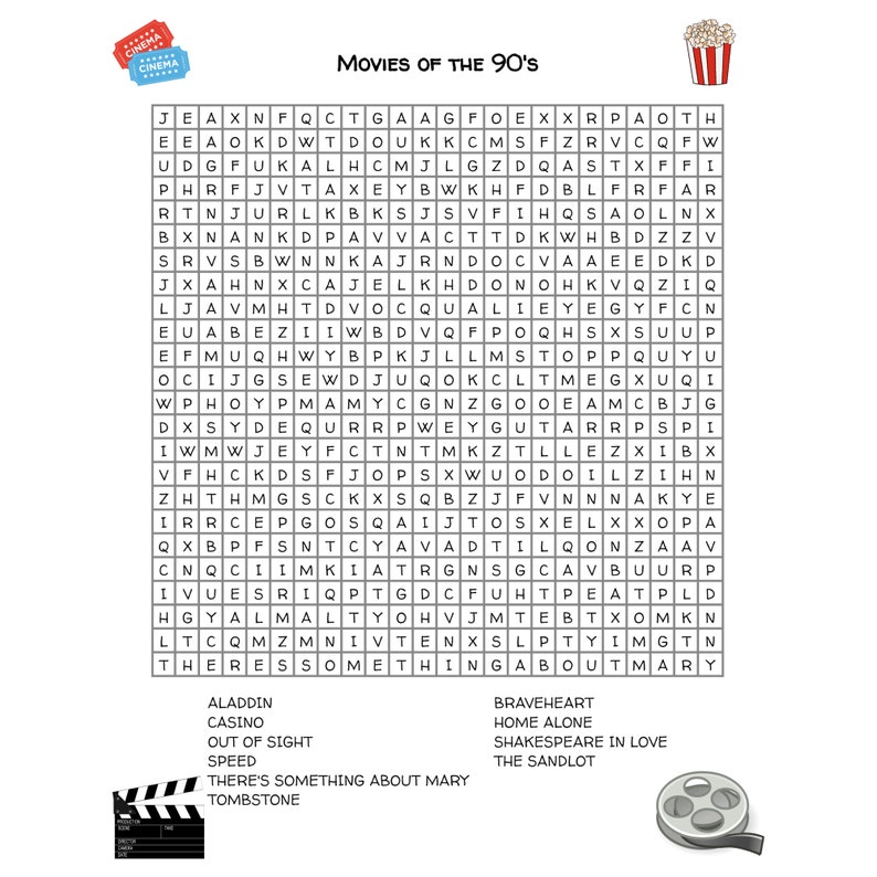 Word Search | 90s Word Search Movies| Word Search Printable PDF | Word Search Digital Download ...