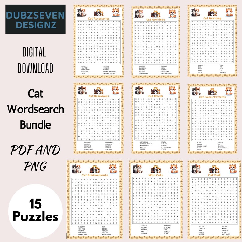 Cat Breeds Word Search Bundle: 15 Printable Puzzles (PDF) - Etsy Israel