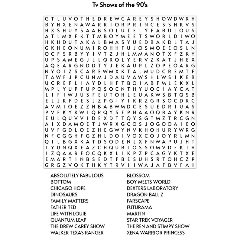 90s Word Search Printable: Nostalgic TV Shows (digital Download) - Etsy