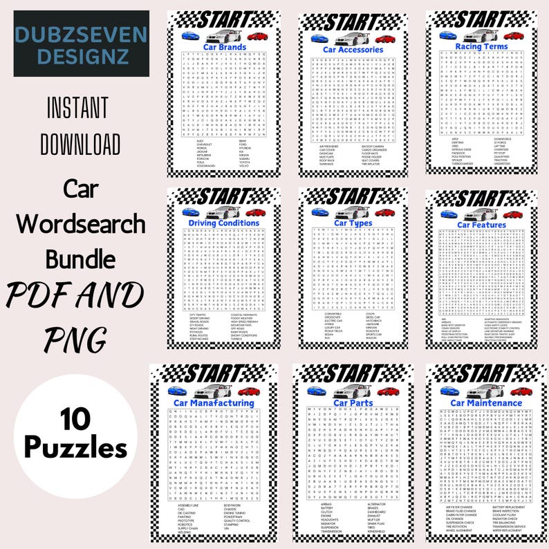 Car Word Search Bundle: 10 Printable Puzzles (PDF/PNG) - Etsy