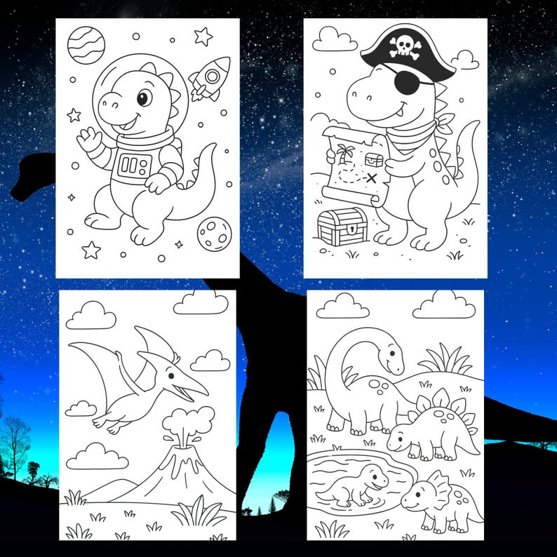Dinosaur Coloring Pages: Kids Printable Activity Pack (PDF Download A4 ...