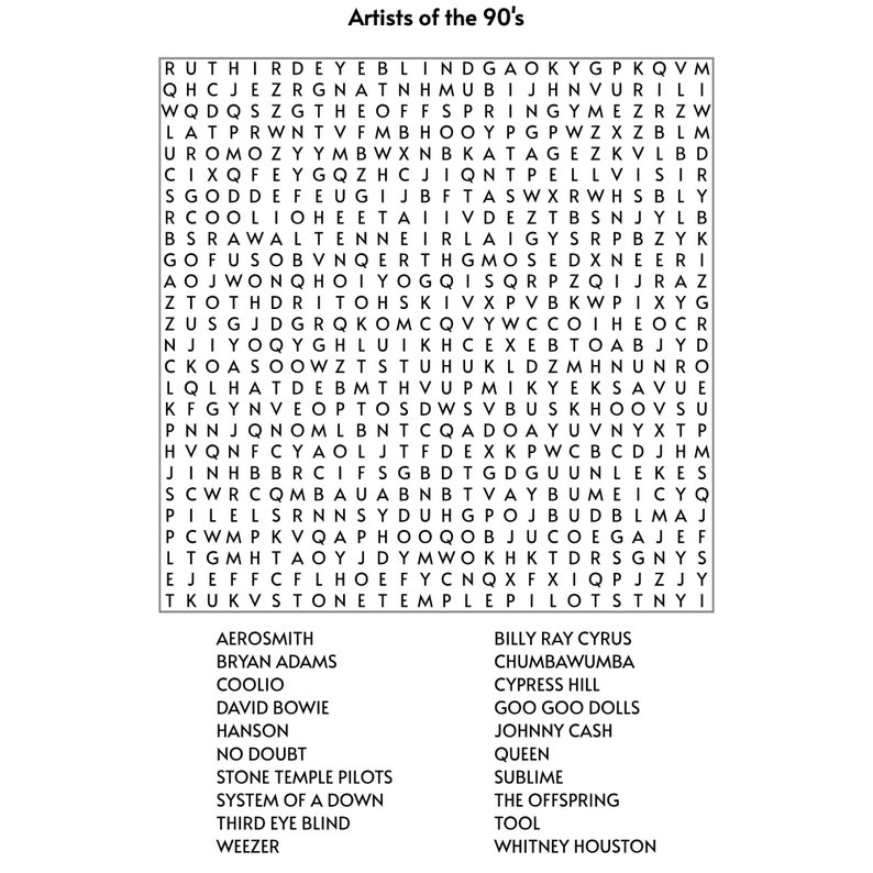 Word Search Printable 90s Word Search Word Search Printable PDF Word ...