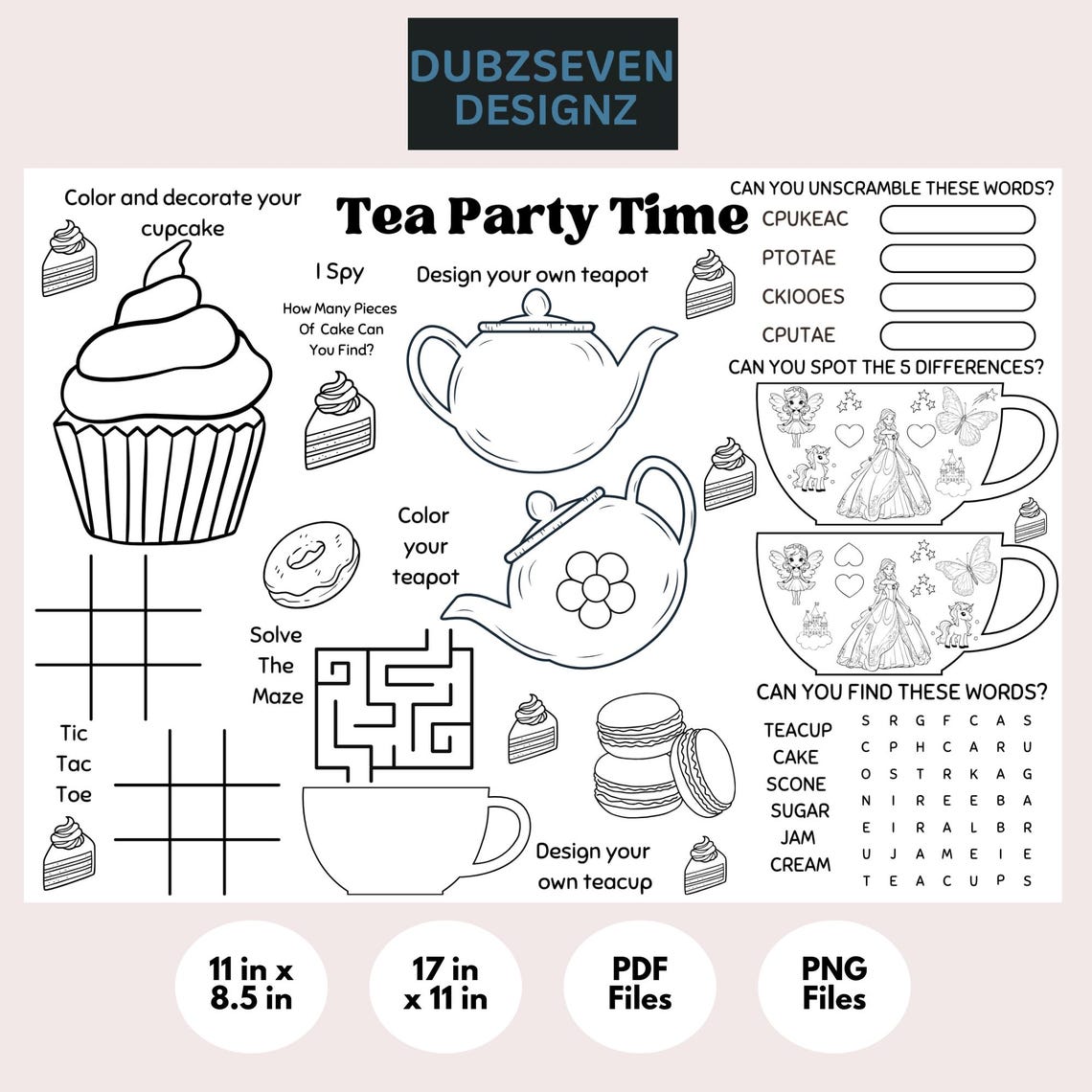 Kids Tea Party Activity & Coloring Sheet | Tea Party Games | Tea Party ...