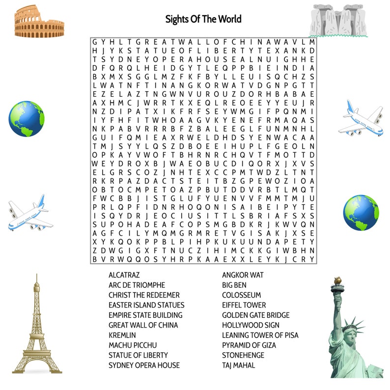 Word Search Printable PDF| Printable Puzzle for Kids and Adults| Sights ...