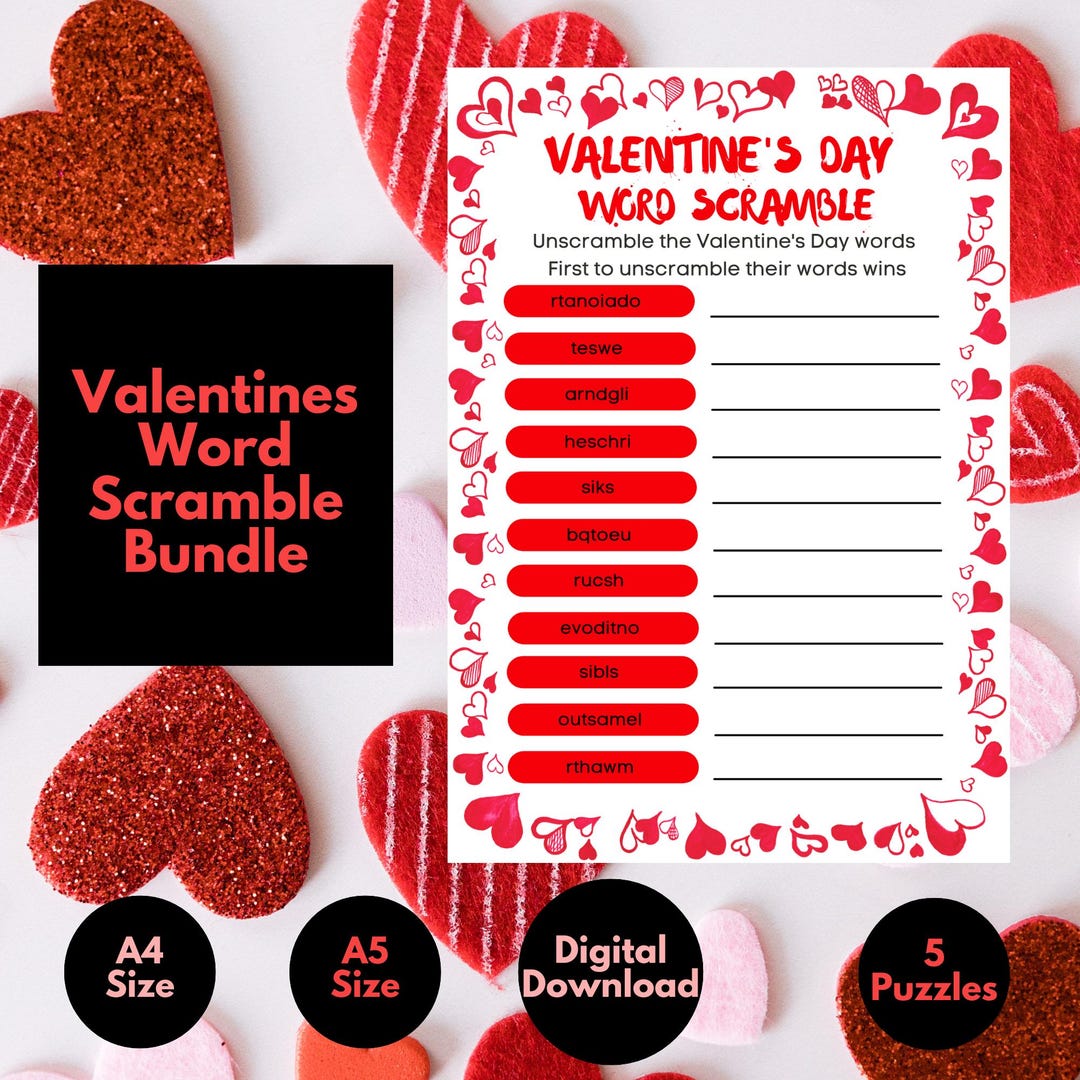 Valentine's Day Word Scramble Bundle: 5 Printable Puzzles (PDF) - Etsy