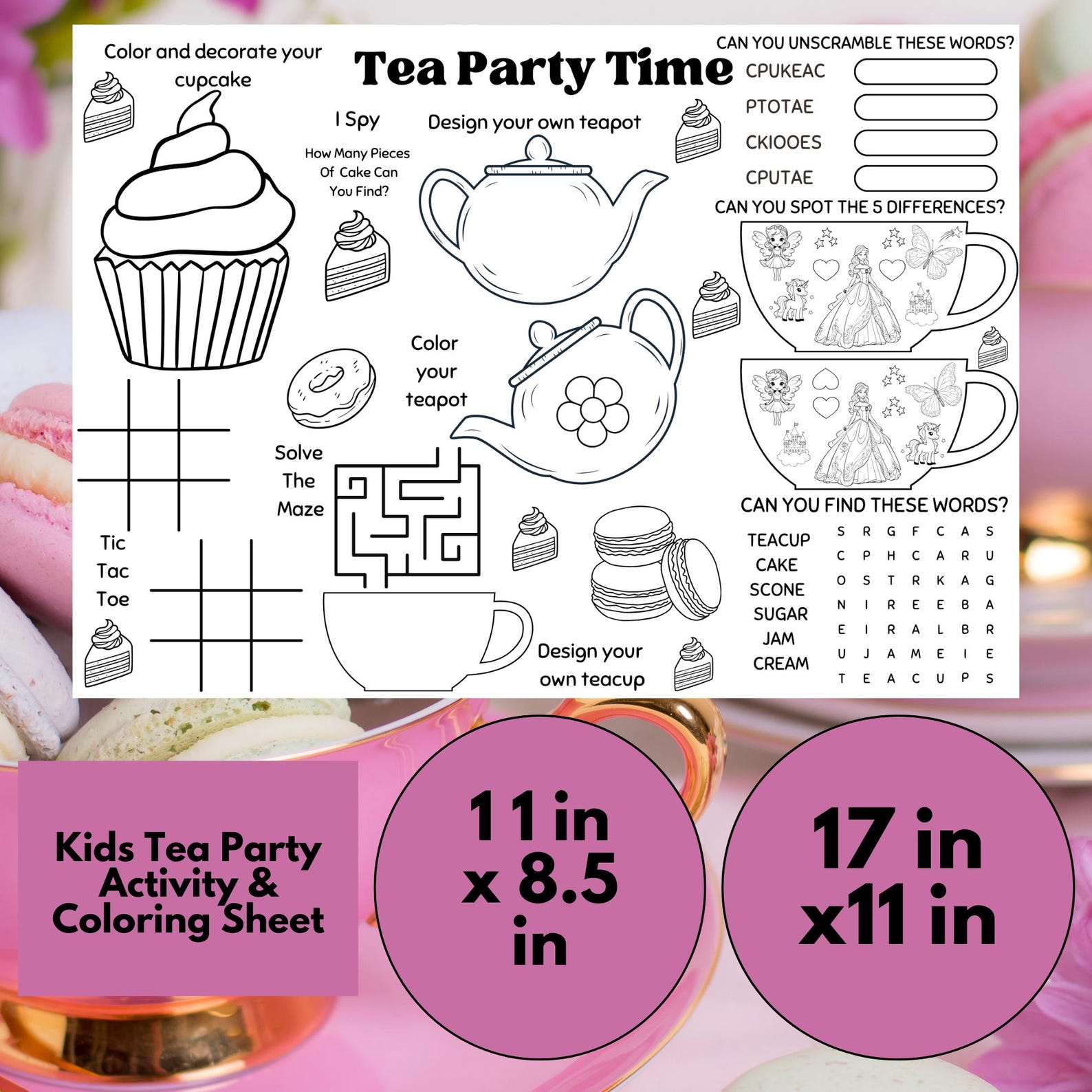 Kids Tea Party Activity & Coloring Sheet | Tea Party Games | Tea Party ...